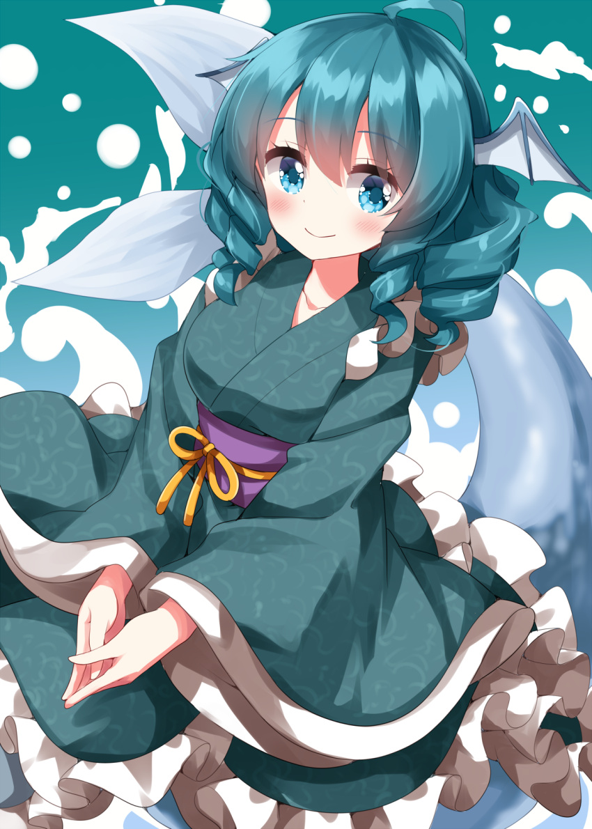 Safebooru - 1girl aqua background aqua eyes aqua hair blush closed mouth commentary request fins ...