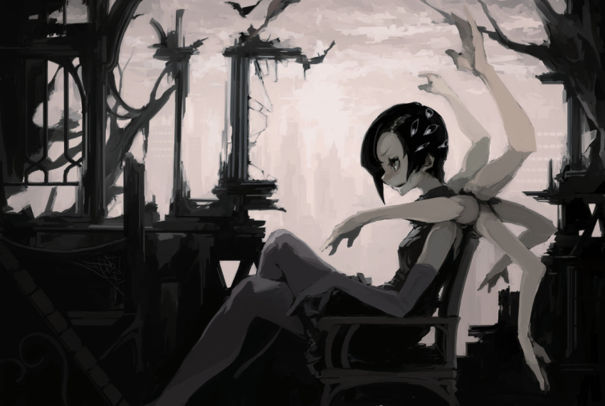 Safebooru - 129adam 1girl black dress black hair chair clouds crossed legs dress extra arms ...