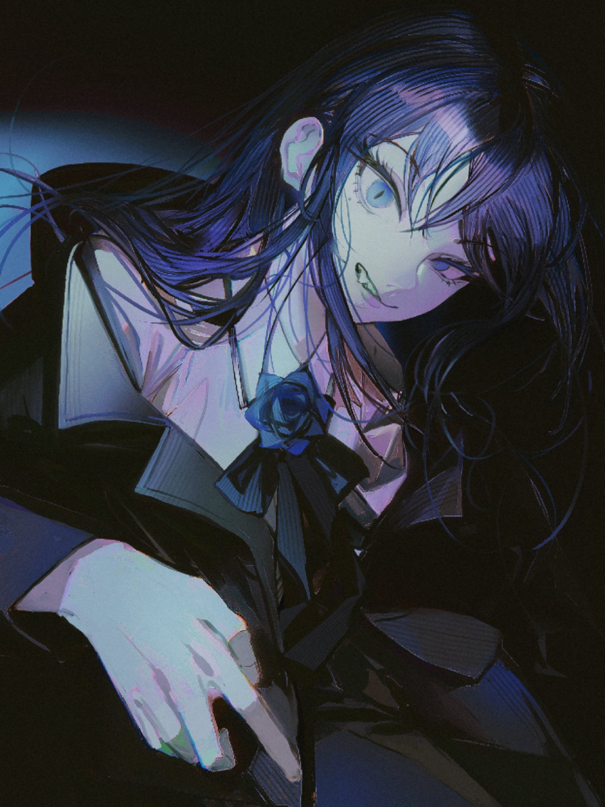 Safebooru - 1girl ado (utaite) black bow black bowtie blue eyes blue flower blue hair blue rose ...