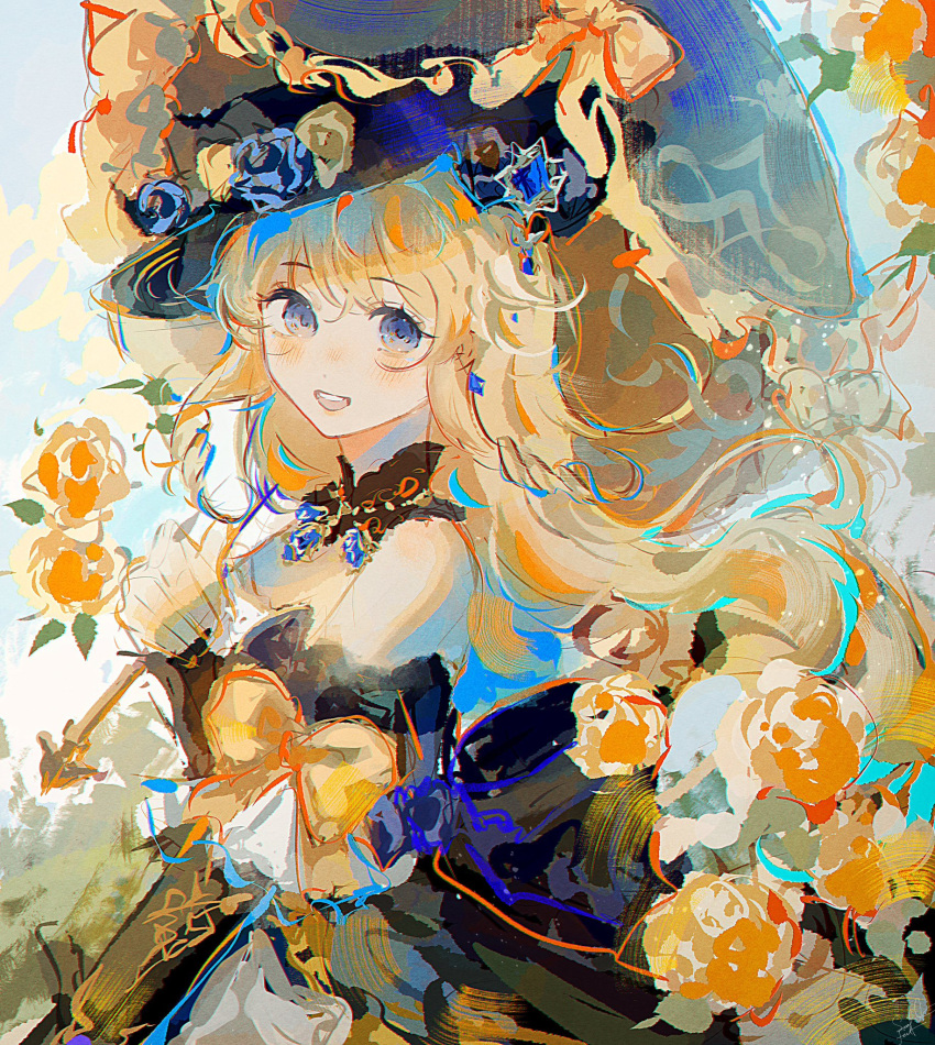 Safebooru - 1girl bare shoulders black dress black headwear blonde hair blue eyes blush bow ...