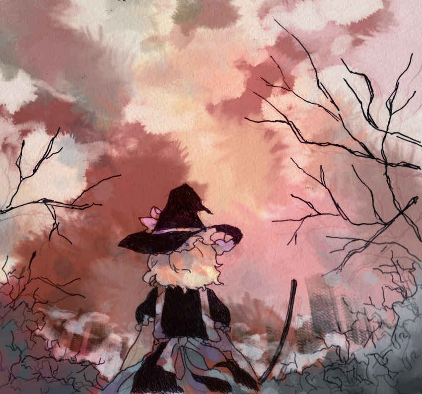 Safebooru - 1girl bare tree black dress black headwear blonde hair commentary request dress ...