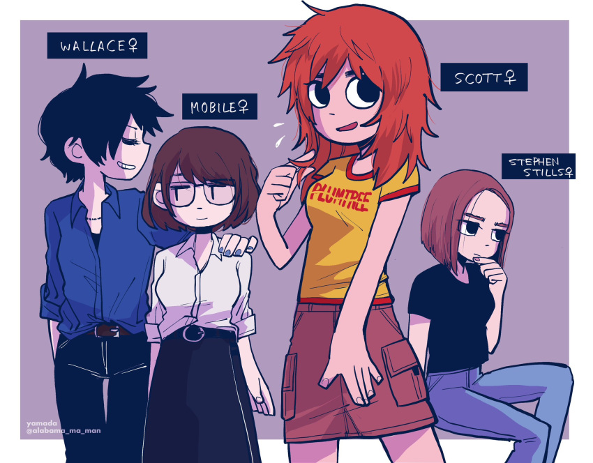 Safebooru - 4girls arm on shoulder black hair black shirt brown hair genderswap (mtf) hand on ...