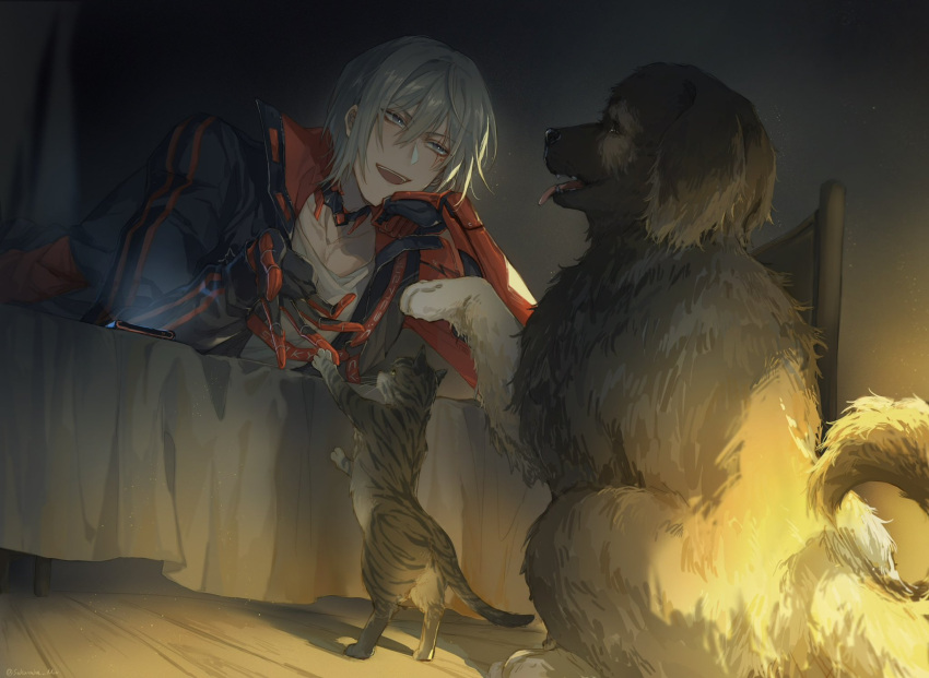 Safebooru - 1boy bed black jacket cat dog facial tattoo fulgur ovid ...