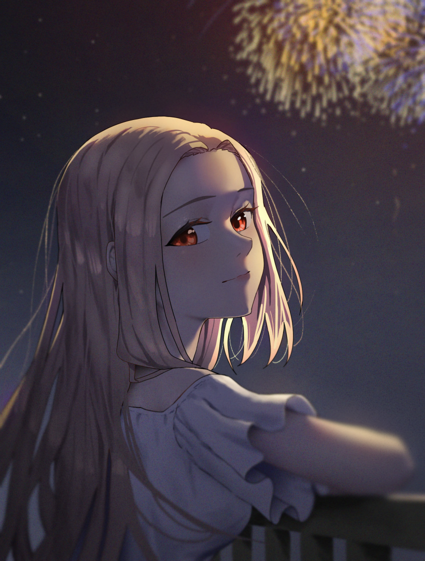 Safebooru - 1girl aerial fireworks blonde hair closed mouth fireworks ...