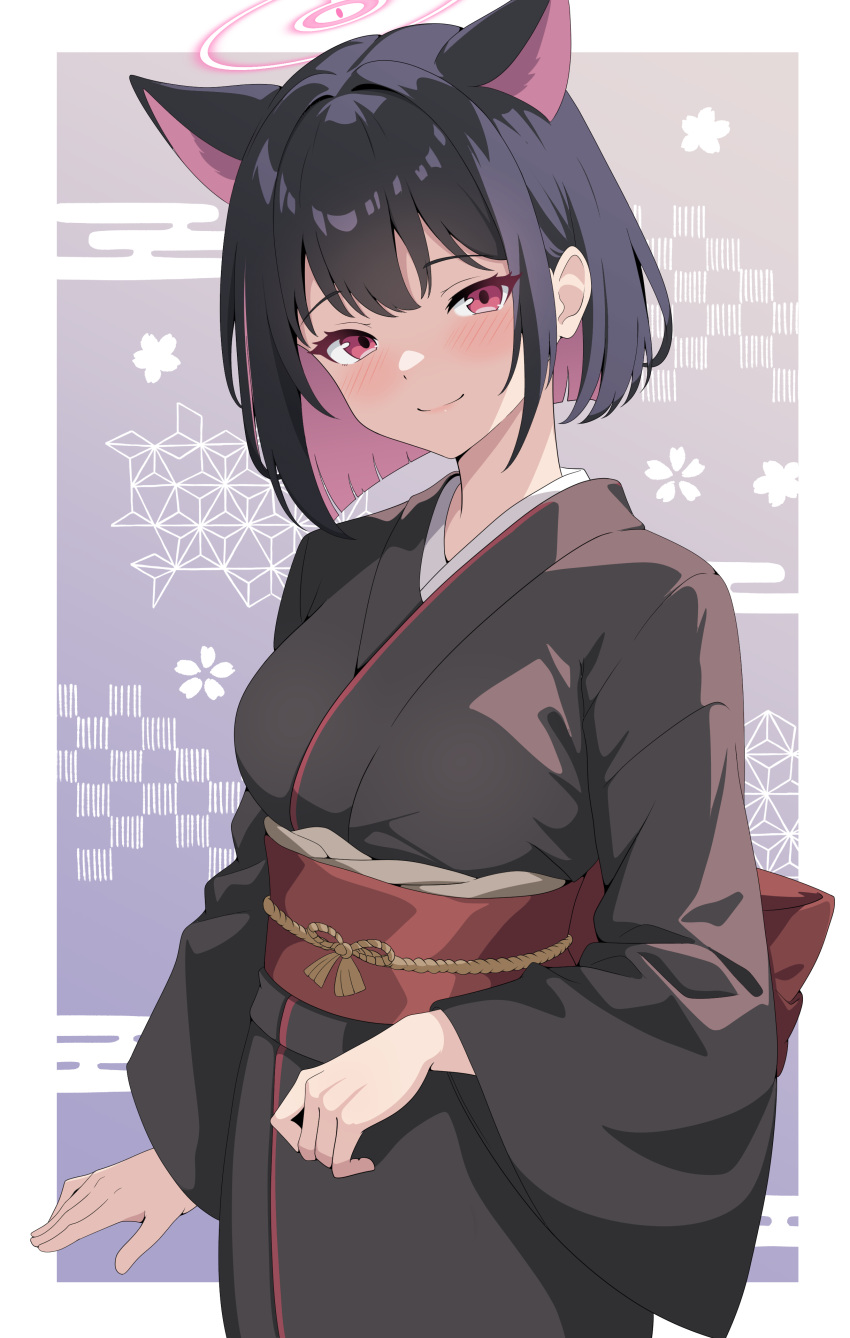 Safebooru - 1girl absurdres animal ears black hair black kimono blue archive blush cat ears ...