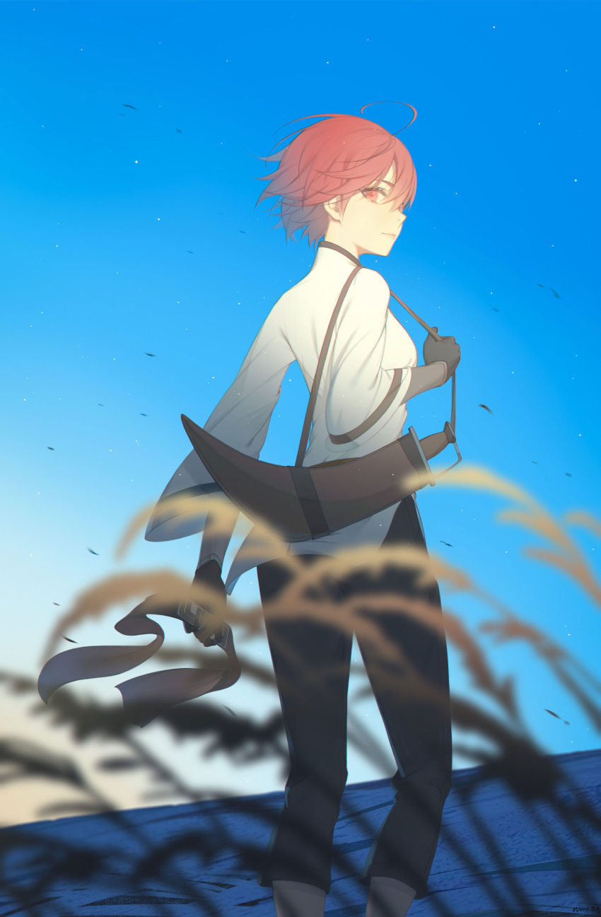 Safebooru - 1girl ahoge black gloves black pants blue sky closed mouth ...