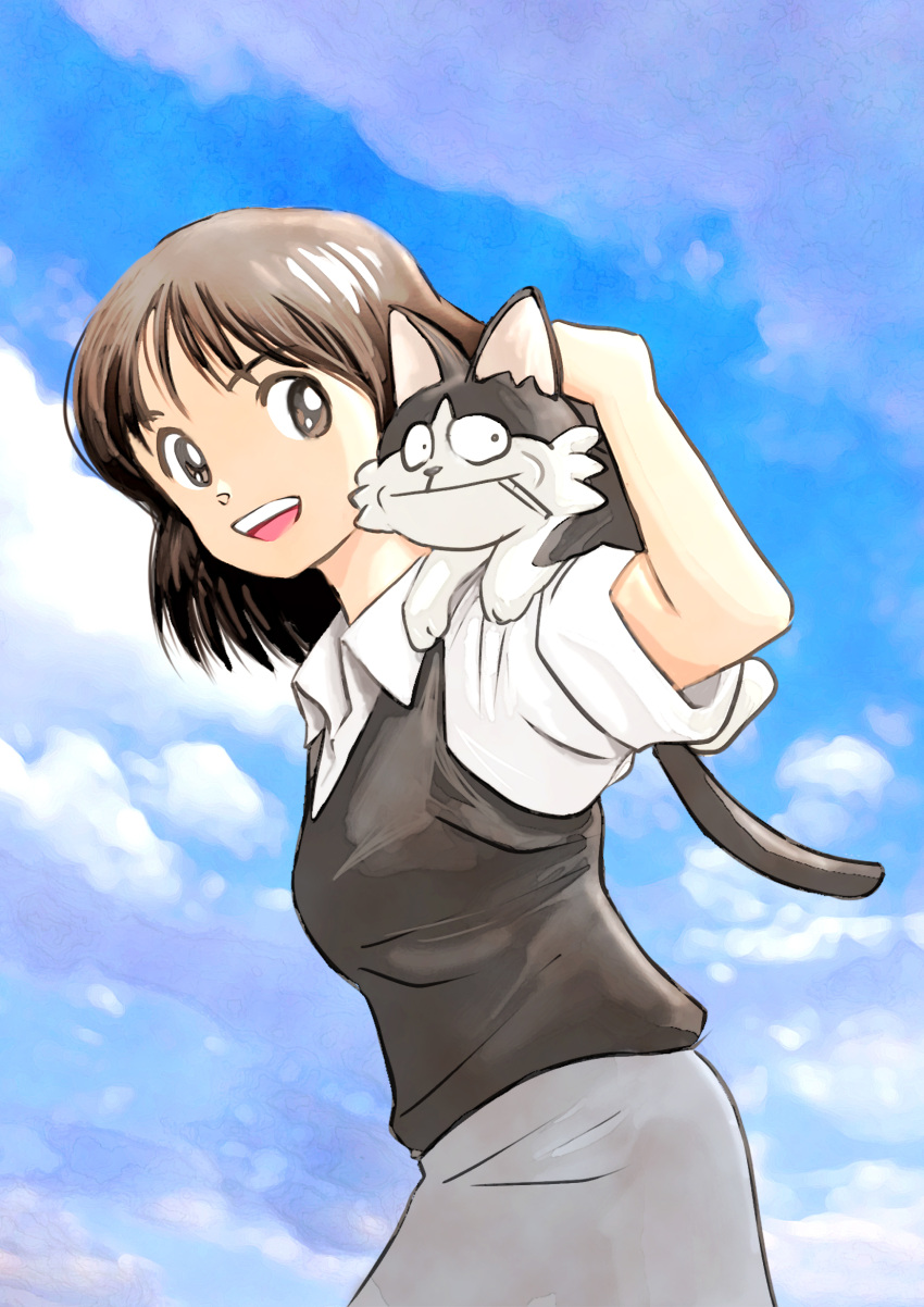 Safebooru - 1girl :d animal on shoulder bake (itsumo misora) blue sky brown eyes cat cigarette ...