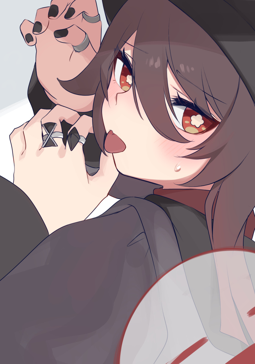 Safebooru - 1girl black headwear black nails blush brown hair brown jacket commentary request ...