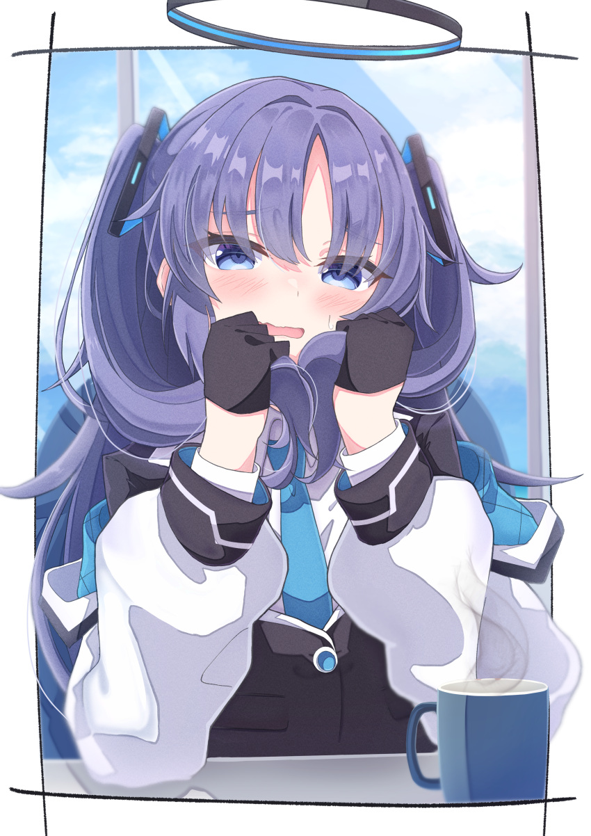 Safebooru - 1girl absurdres black gloves blue archive blue eyes blue necktie cup gloves hair ...