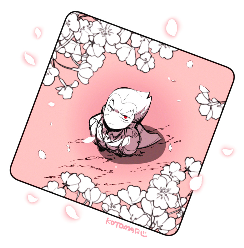 Safebooru - 1boy arms at sides closed mouth coat flower from above ...