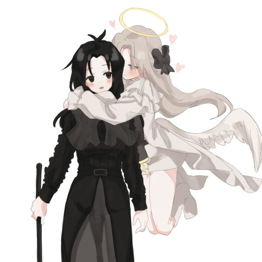 Safebooru - 2girls agape (shtdn) angel angel wings black bow black dress black hair bow brown ...
