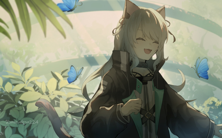 Safebooru - 1girl :3 :d ^ ^ animal ears arknights black collar black jacket black ribbon blue ...