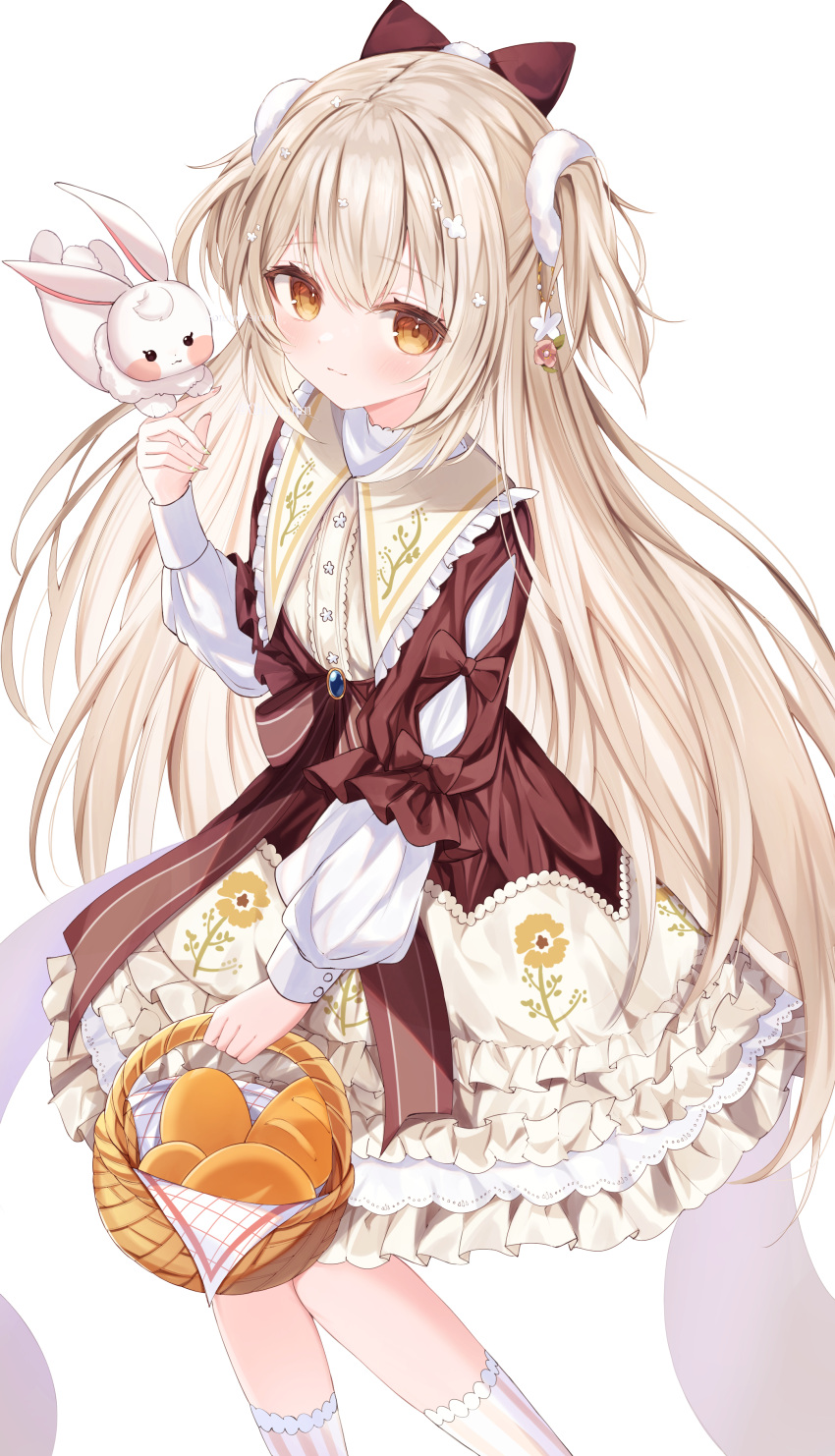 Safebooru - 1girl absurdres basket blonde hair blush bow bread brown bow brown eyes commission ...