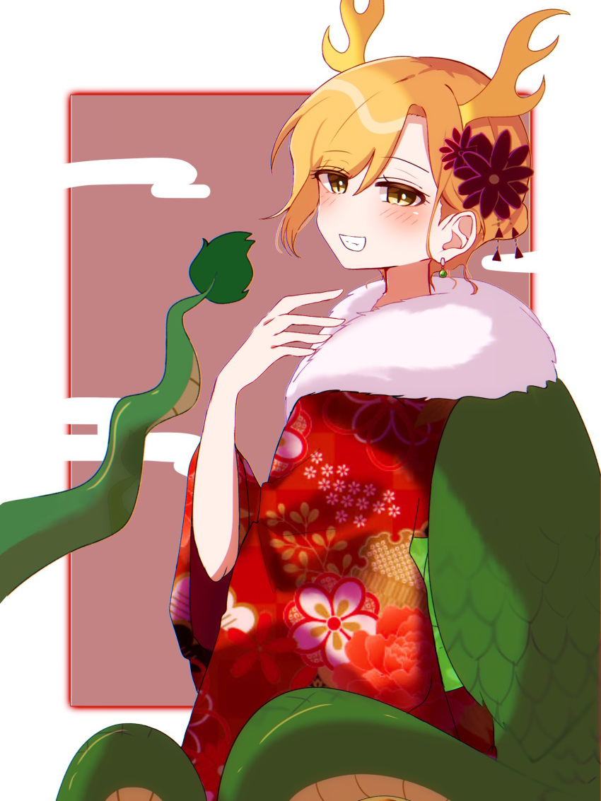 Safebooru - 1girl antlers blonde hair dragon girl dragon horns dragon tail highres horns ...