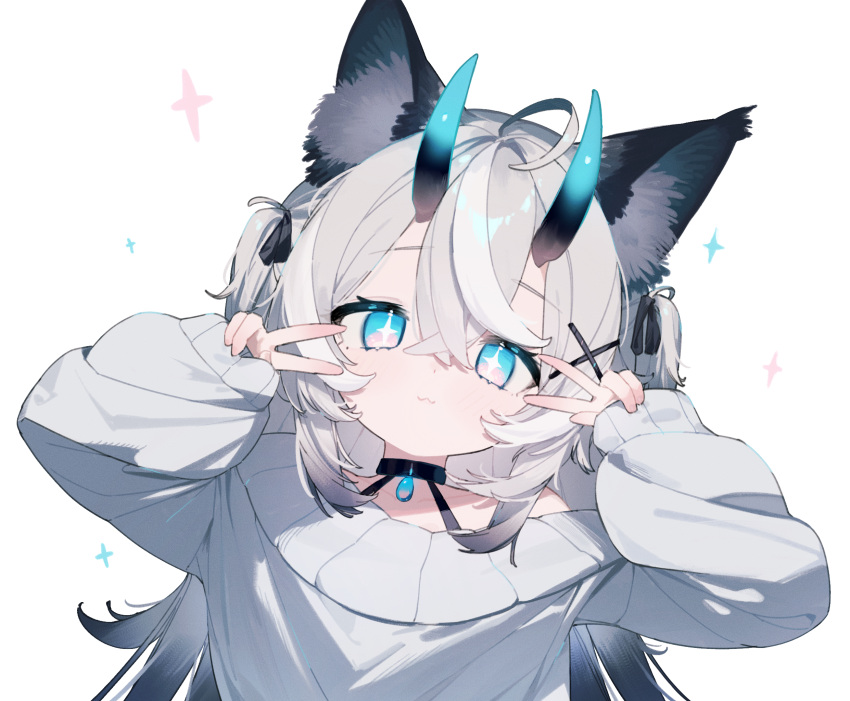 Safebooru - 1girl ahoge animal ears blue eyes cat ears cat girl choker cross-shaped pupils ...