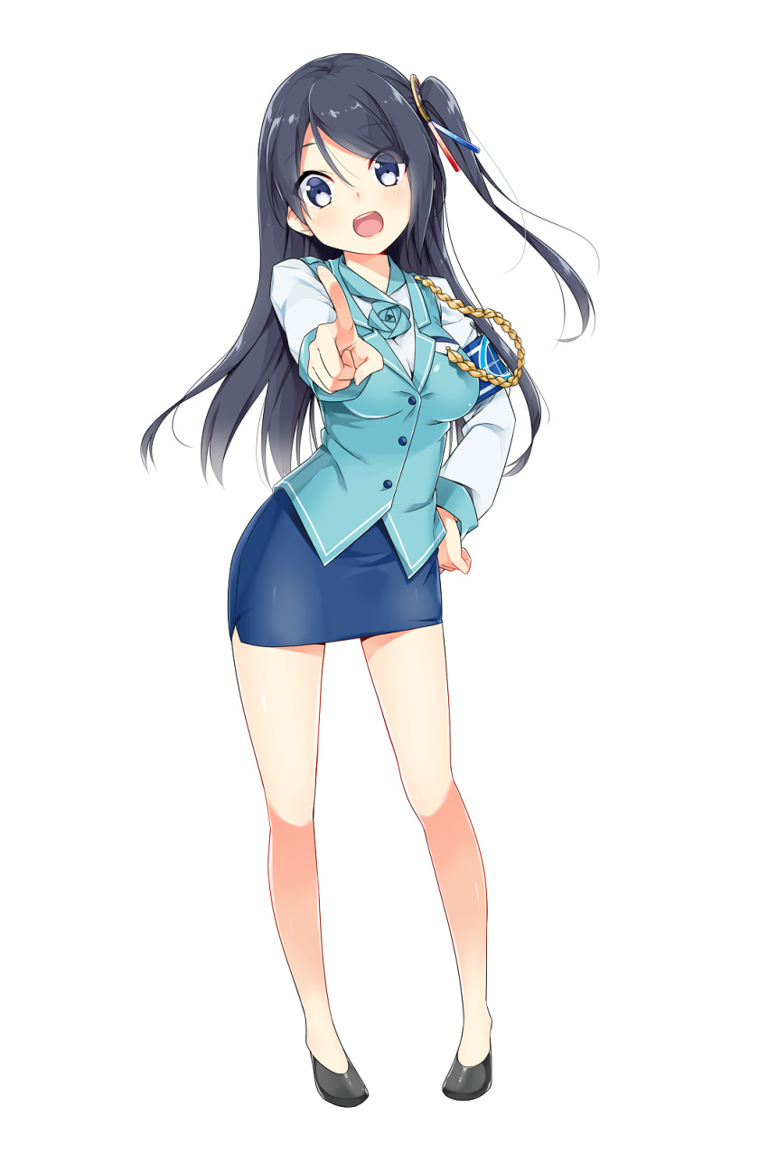 Safebooru - 1girl armband black footwear black hair blue skirt blue vest collared shirt grey ...