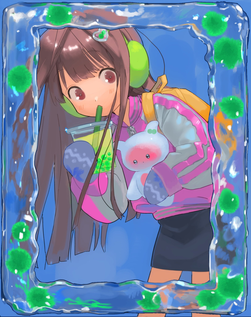 Safebooru 1girl Backpack Bag Blue Mittens Brown Hair Cup Drinking 4338