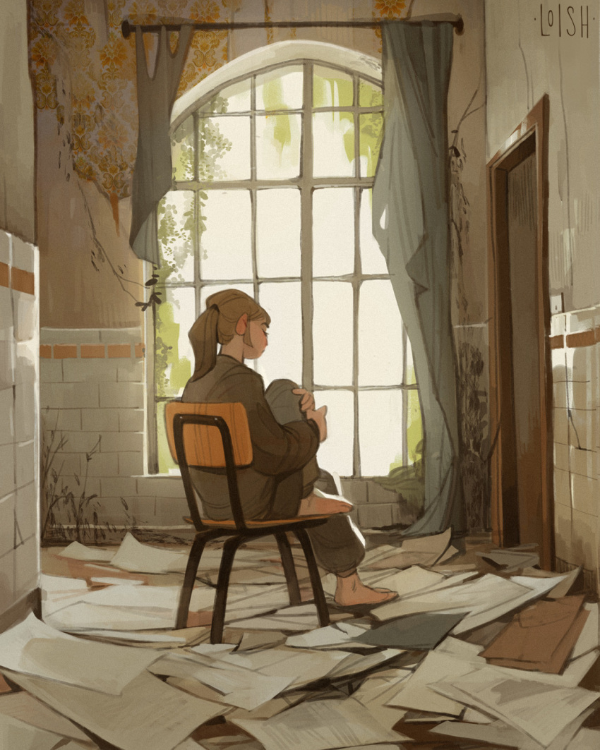 Safebooru - 1girl barefoot blonde hair chair closed eyes commentary ...