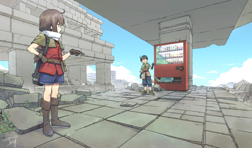 Safebooru - 1boy 1girl ^ ^ animal backpack bag black gloves black hair blue pants blue shorts ...