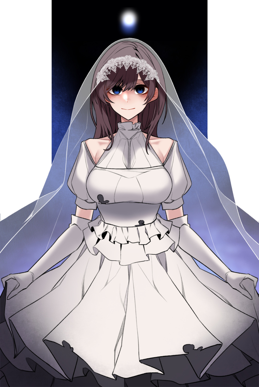Safebooru - 1girl absurdres bare shoulders blue eyes border breasts bridal veil brown hair ...