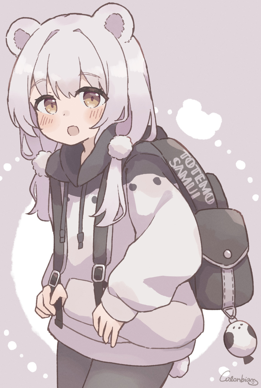 Safebooru - absurdres animal ears backpack bag bear ears brown eyes colon br cowboy shot grey ...