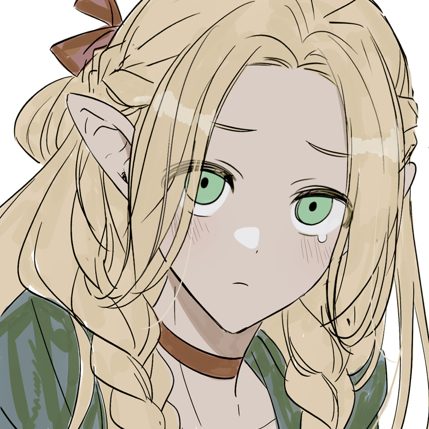 Safebooru - 1girl blonde hair blush braid choker dungeon meshi elf green eyes hair around ear ...