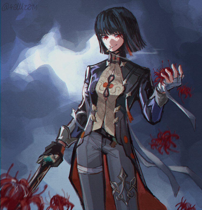 Safebooru - 1girl bandaged hand bandages black coat black hair blade ...