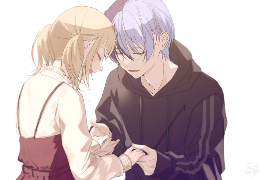 Safebooru - 1boy 1girl aoyagi touya azusawa kohane black hoodie blonde hair blue hair closed ...