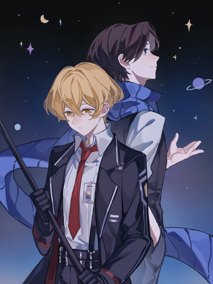 Safebooru - 2boys absurdres bishounen black gloves black hair blonde hair blue eyes cowboy shot ...