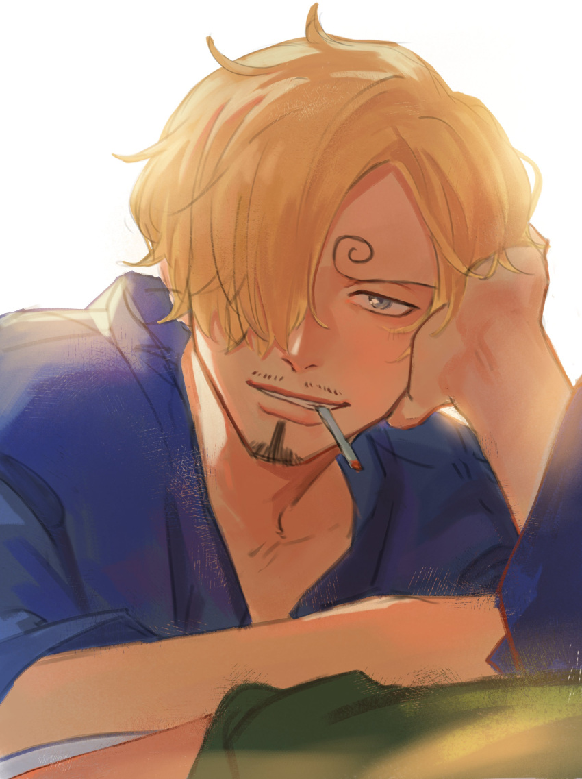 Safebooru - 1boy absurdres bishounen blonde hair blue eyes cigarette curly eyebrows facial hair ...