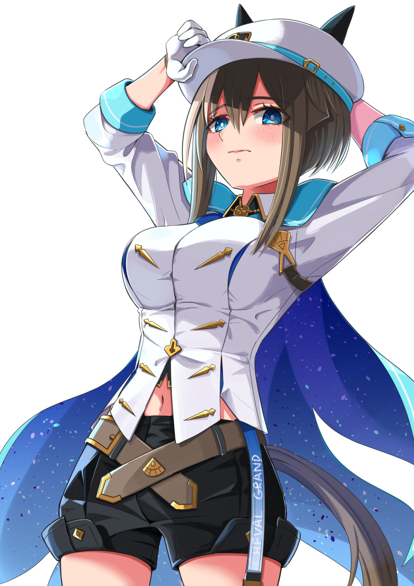 Safebooru - 1girl absurdres animal ears arms up belt blue eyes blush breasts cape cheval grand ...