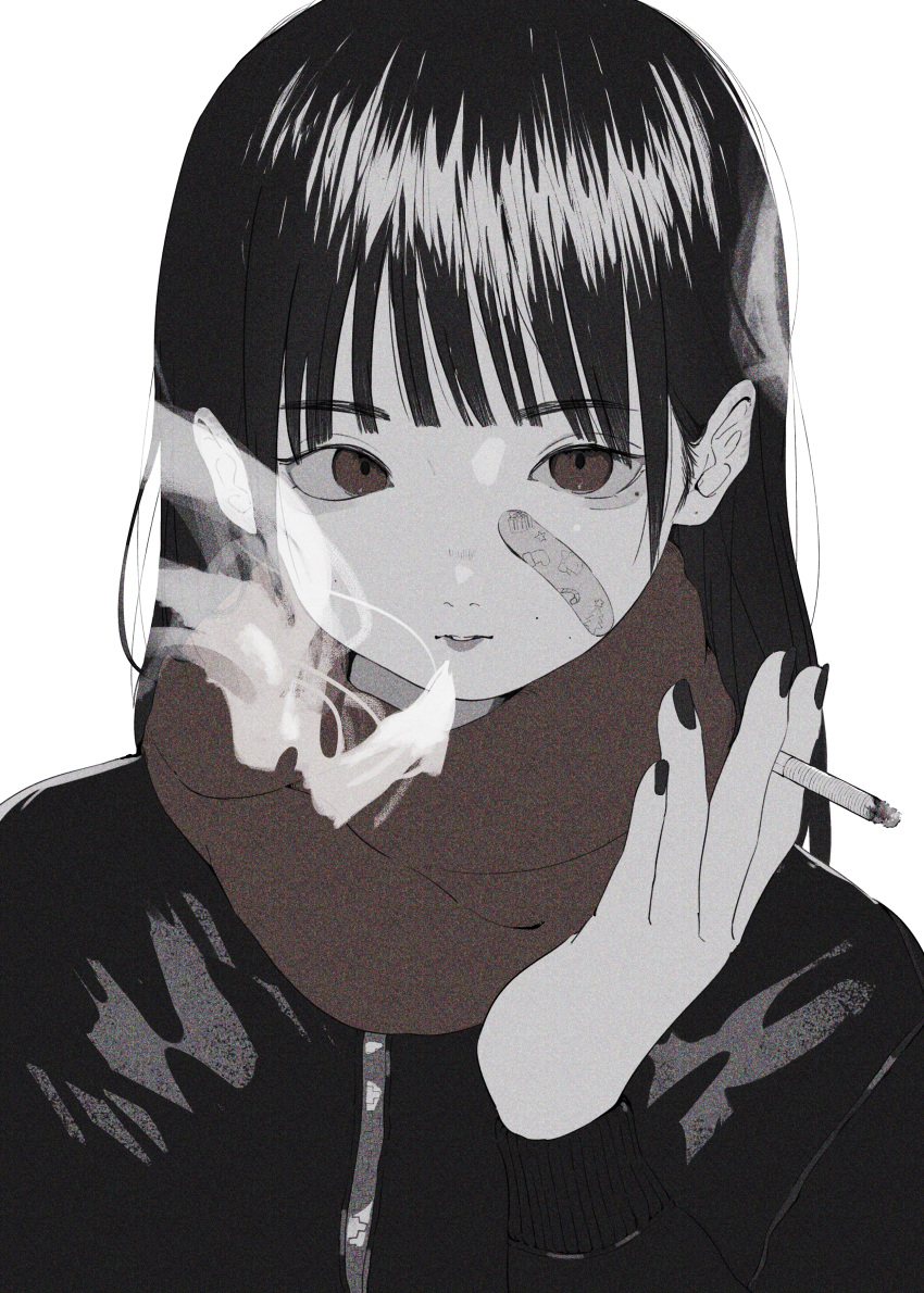 Safebooru - 1girl absurdres bandaid bandaid on face black hair blunt bangs cigarette highres ...