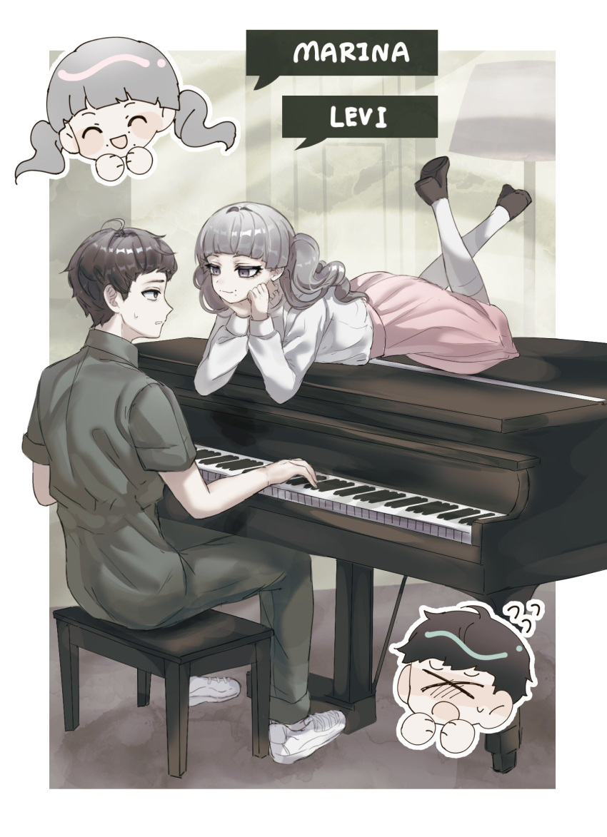 Safebooru - 1boy 1other black hair blush english text fear & hunger grey hair highres instrument ...