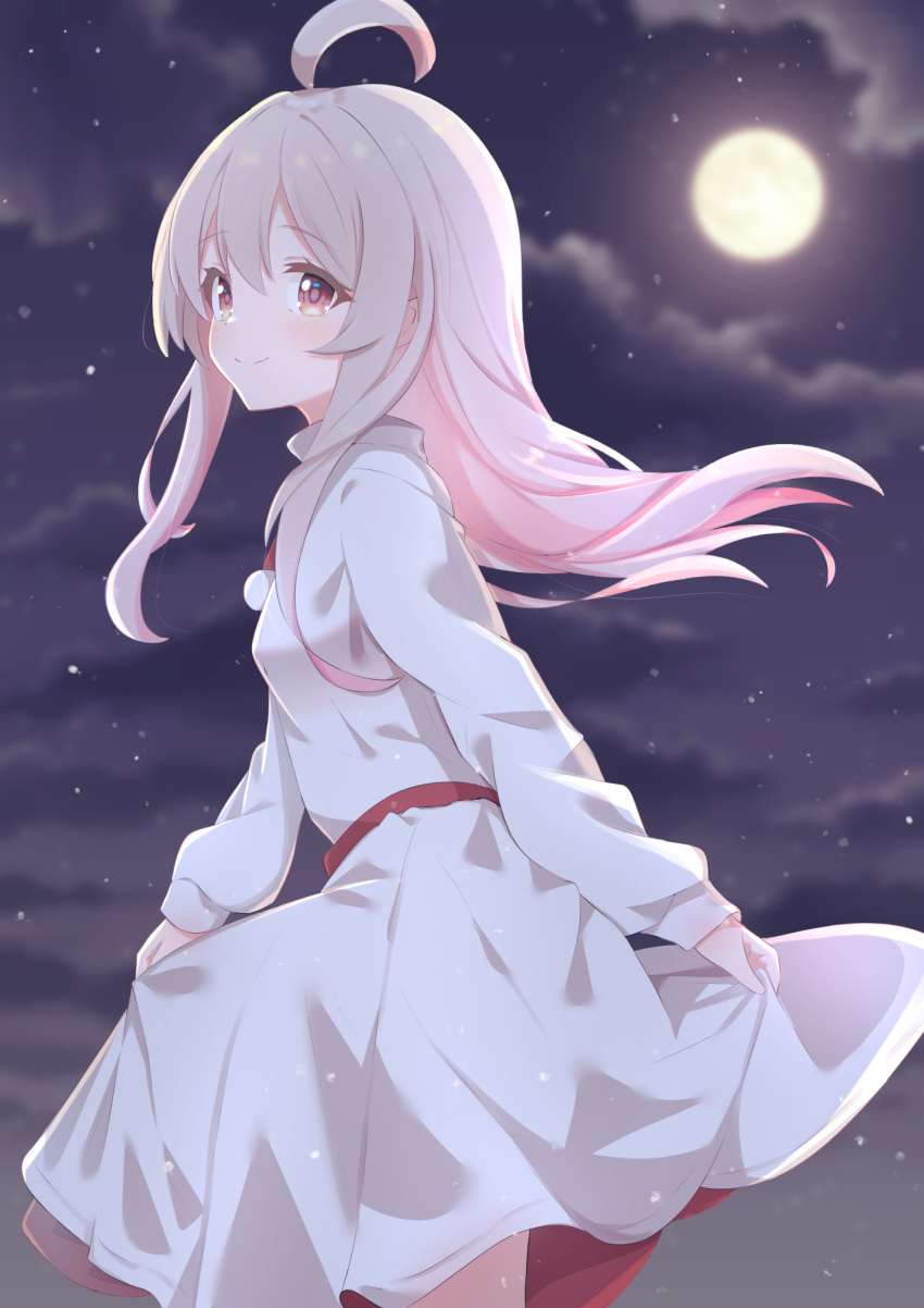 Safebooru - 1girl ahoge brown eyes clouds coat coat hold commentary full moon hair between eyes ...