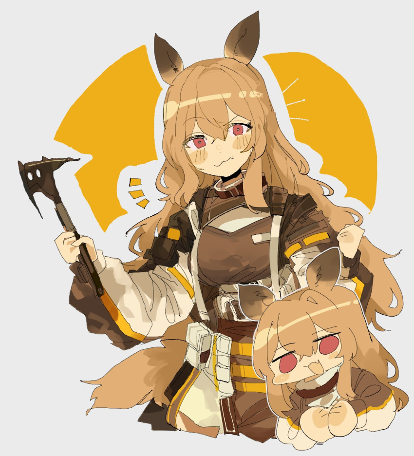 Safebooru - 1girl animal ears arknights axe blush brown hair ceobe (arknights) chibi cowboy shot ...