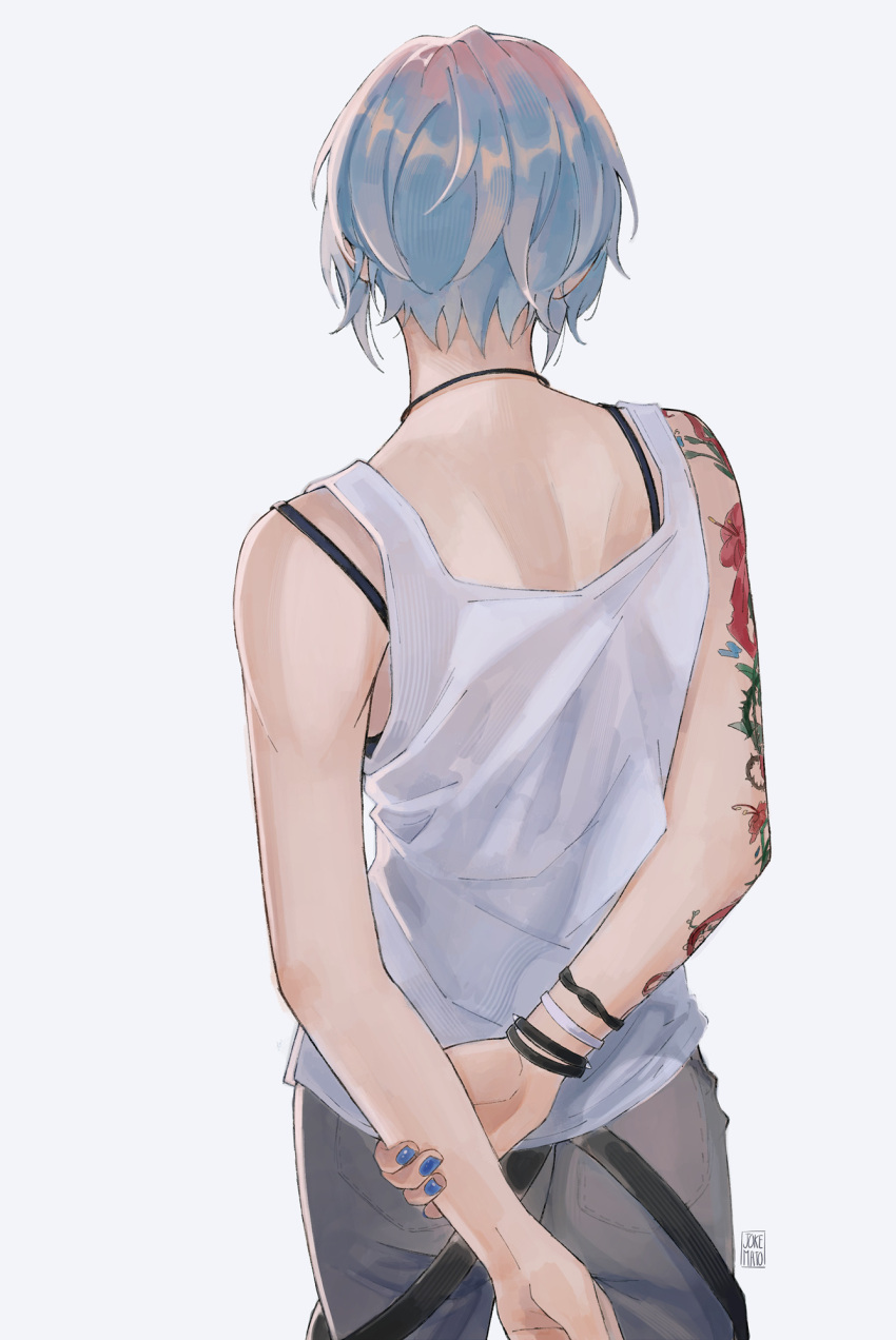 Safebooru - 1girl arm tattoo arms behind back back back focus blue hair blue nails bracelet ...
