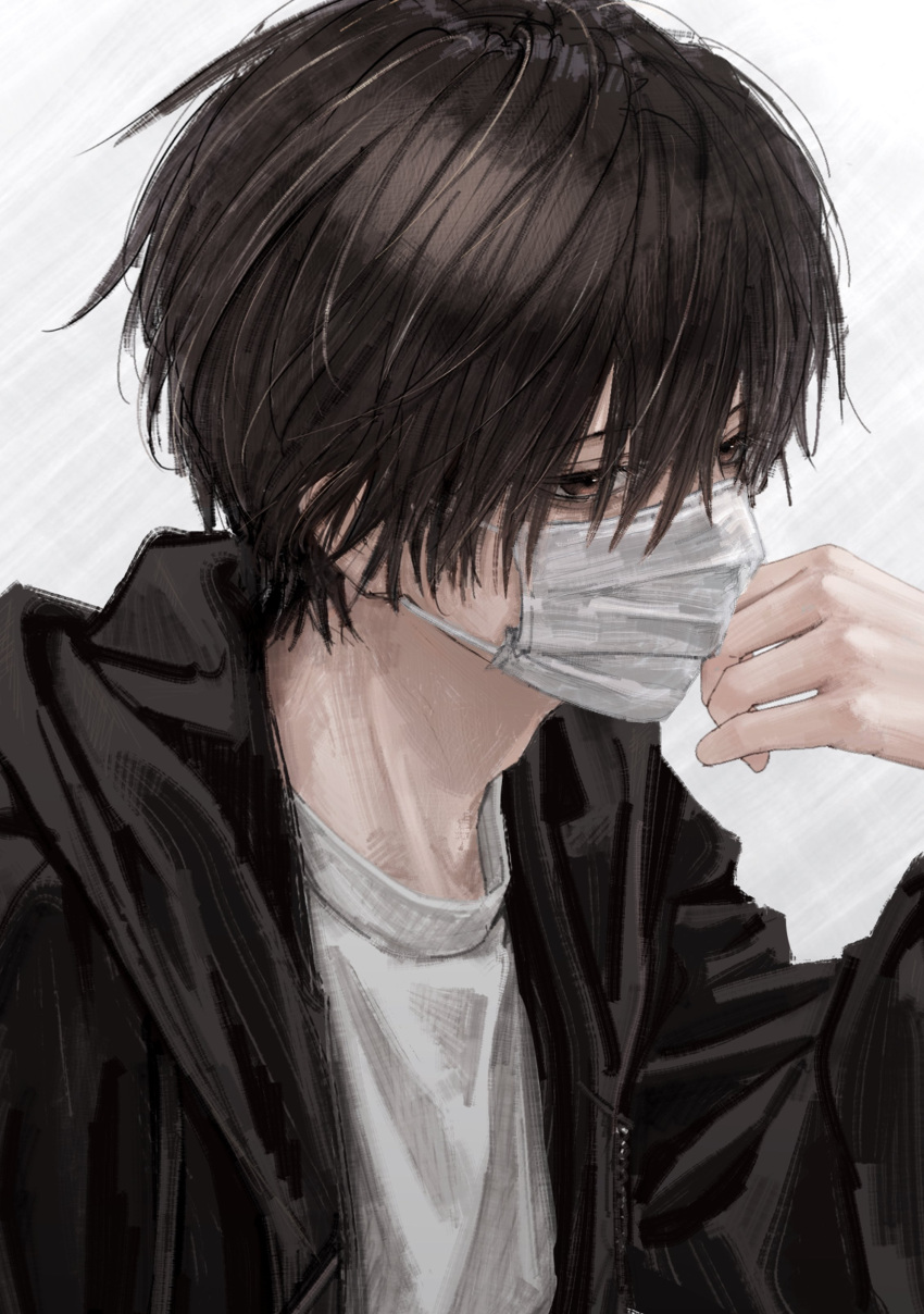 Safebooru - 1boy absurdres black hair black jacket brown eyes hair between eyes highres hood ...