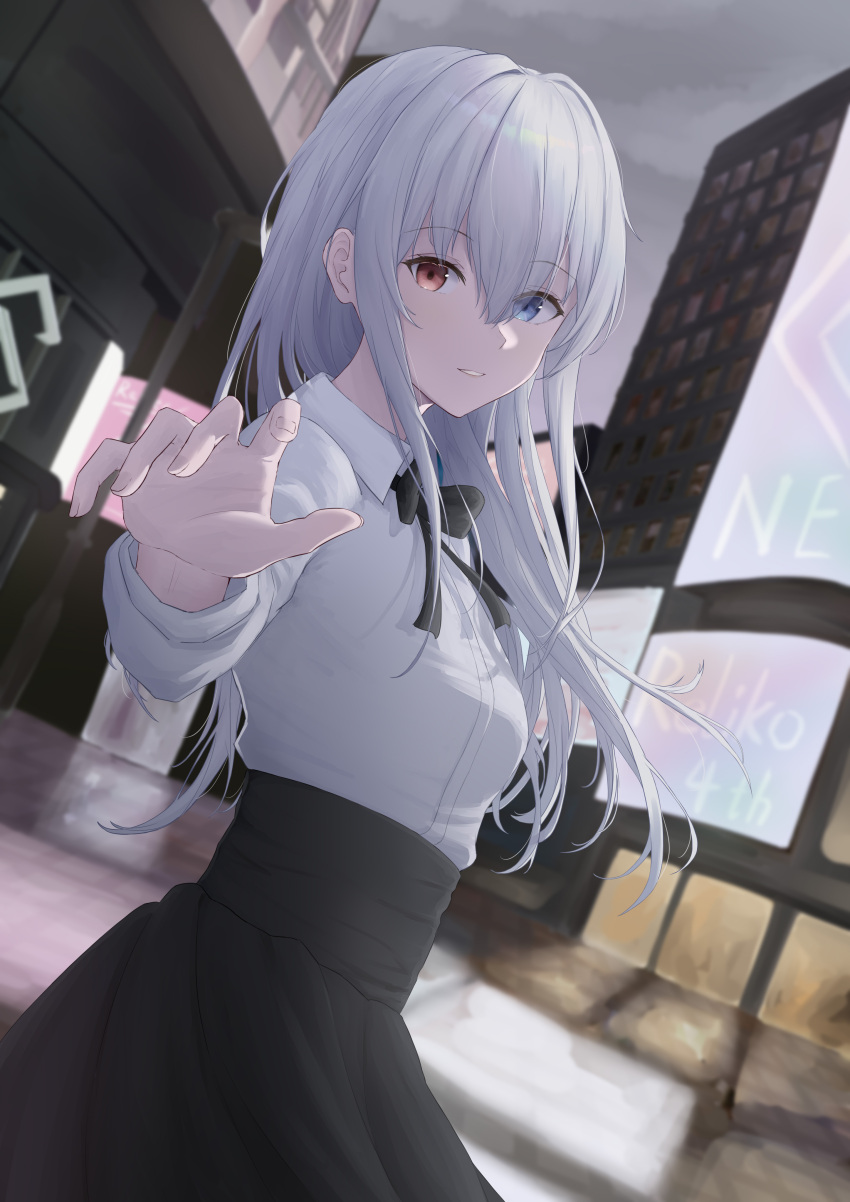 Safebooru - 1girl absurdres black ribbon black skirt blue eyes breasts brown eyes city cityscape ...