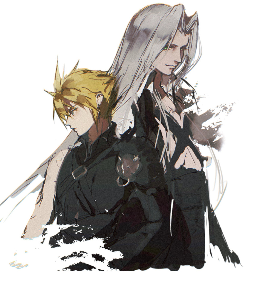 Safebooru - 2boys armor asymmetrical sleeves back-to-back black coat ...