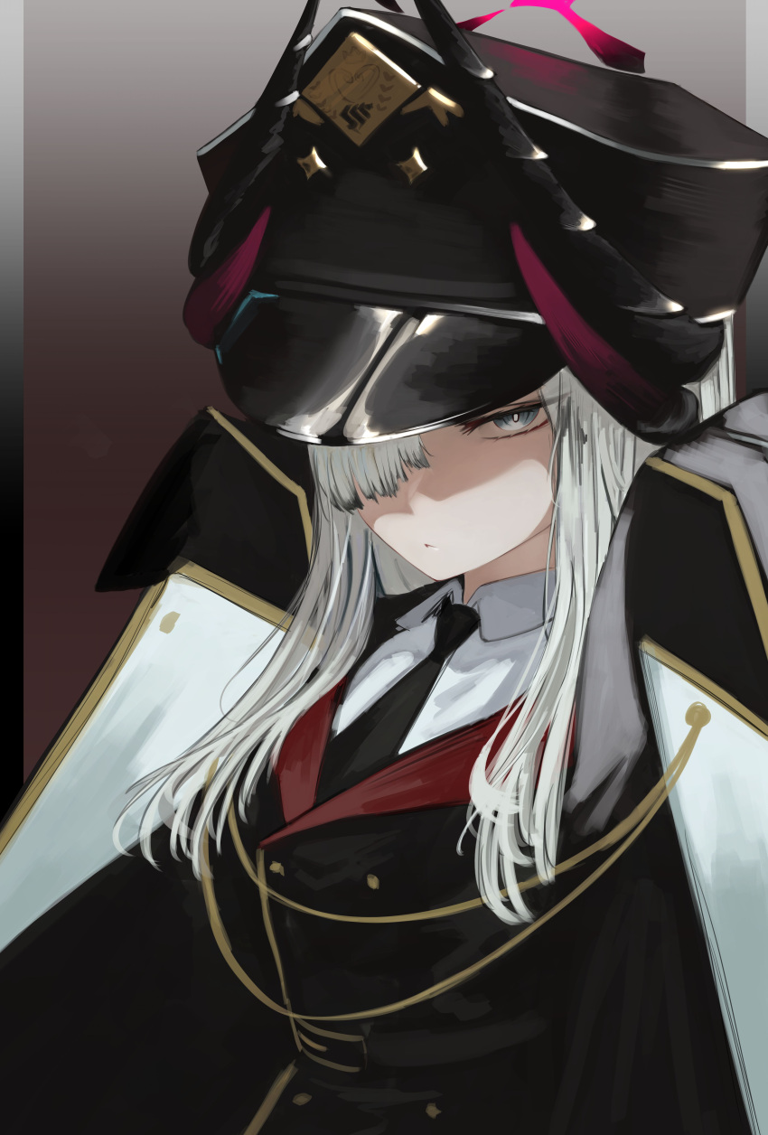 Safebooru - 1girl absurdres asymmetrical bangs black coat black headwear black horns black ...