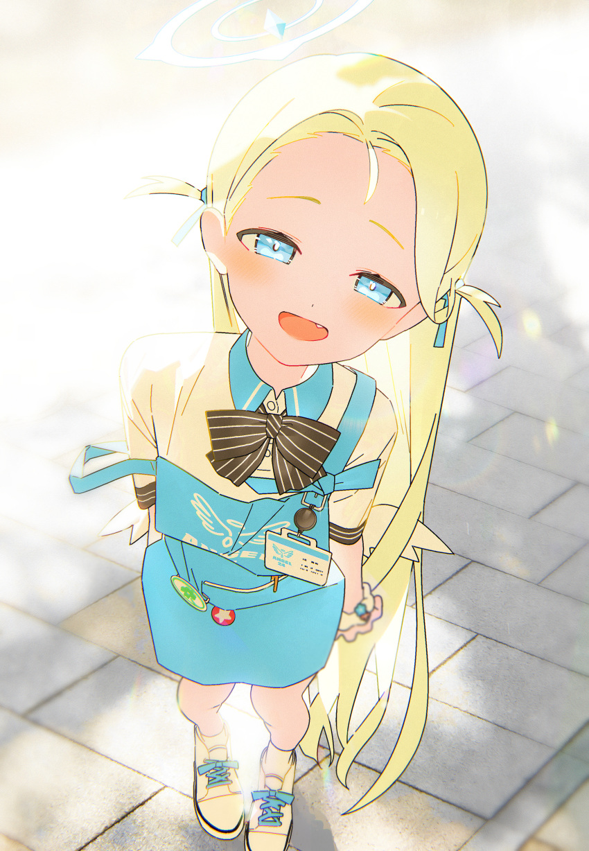 Safebooru - 1girl :d absurdres angel's 24 uniform (blue archive) apron blonde hair blue apron ...
