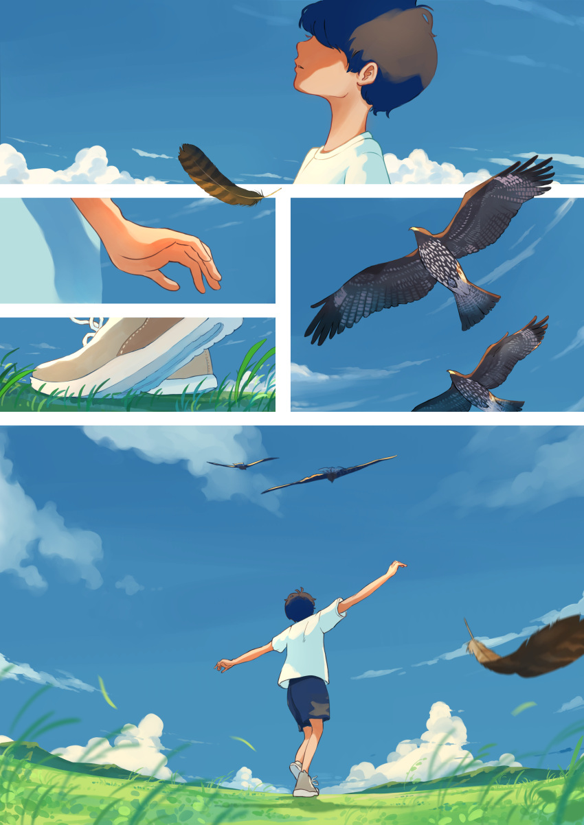 Safebooru - 1boy absurdres bird black hair blue shorts blue sky clouds ...