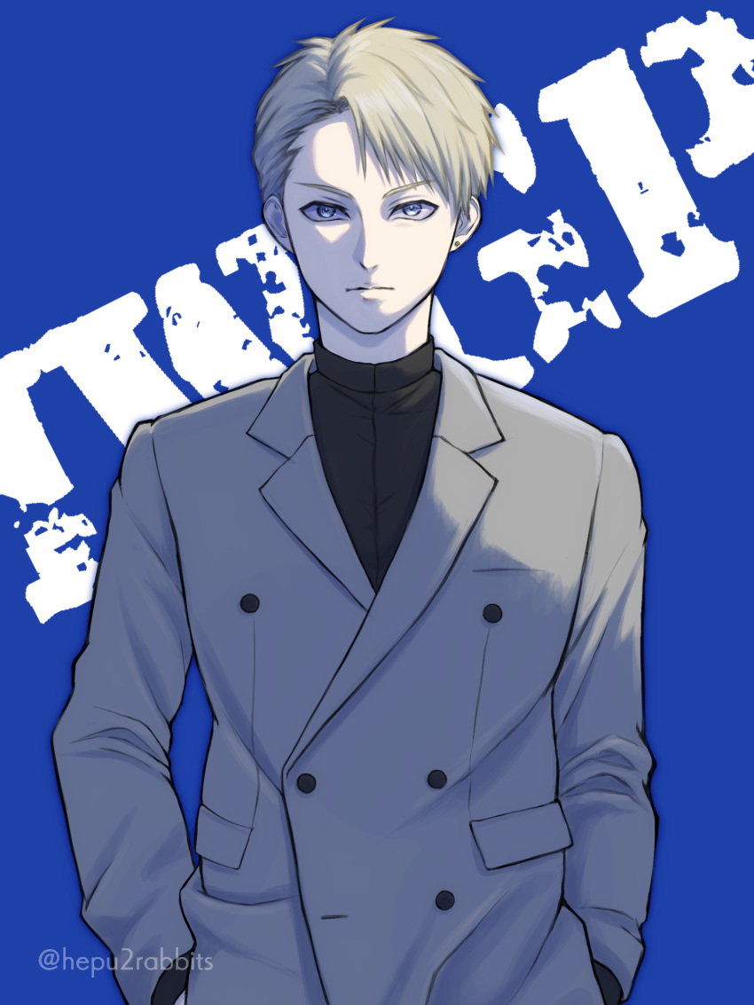 Safebooru - 1boy ando takashi blonde hair blue background blue eyes buttons double-breasted ...