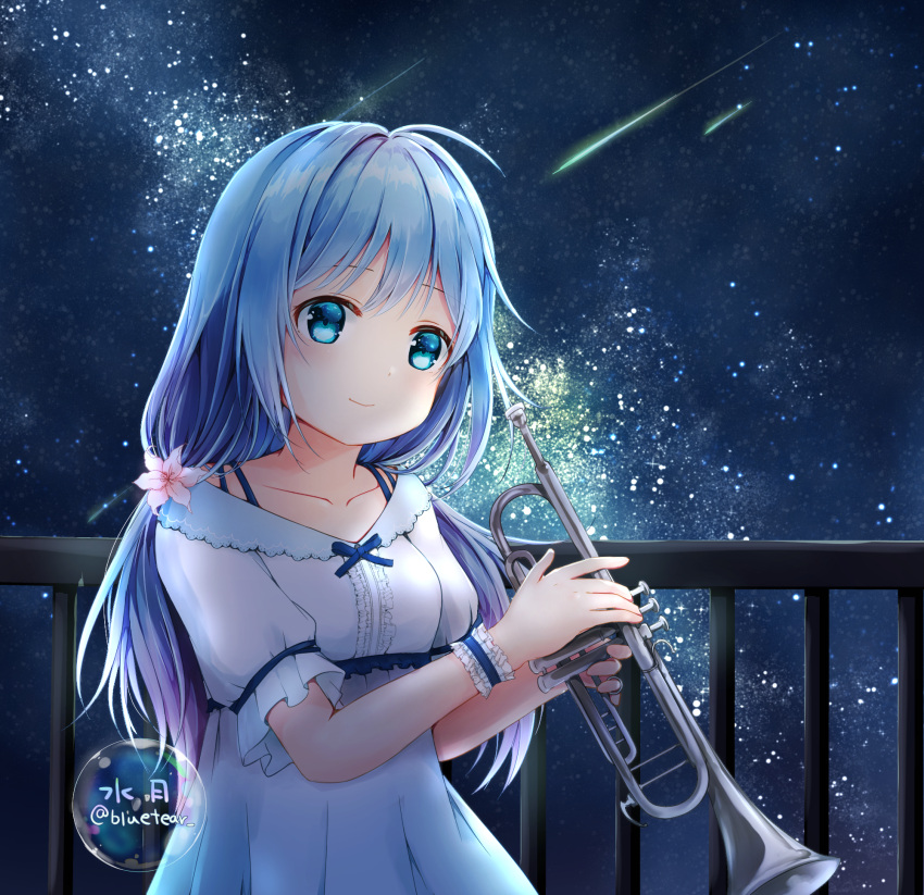 Safebooru - 1girl abc cherry blue eyes blue hair bubble dress flower ...