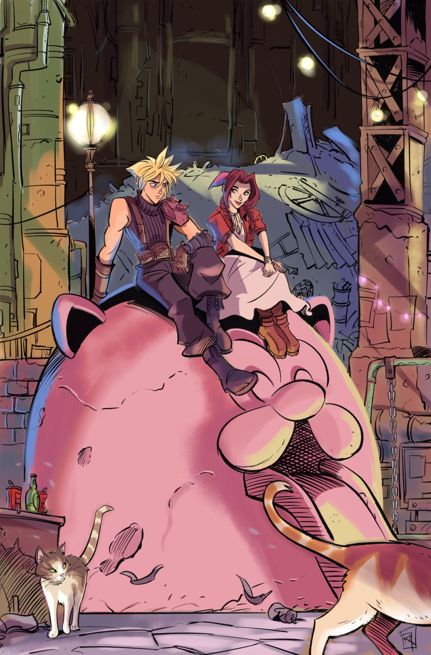 Safebooru - 1boy 1girl aerith gainsborough armor baggy pants bangle belt black footwear blonde ...