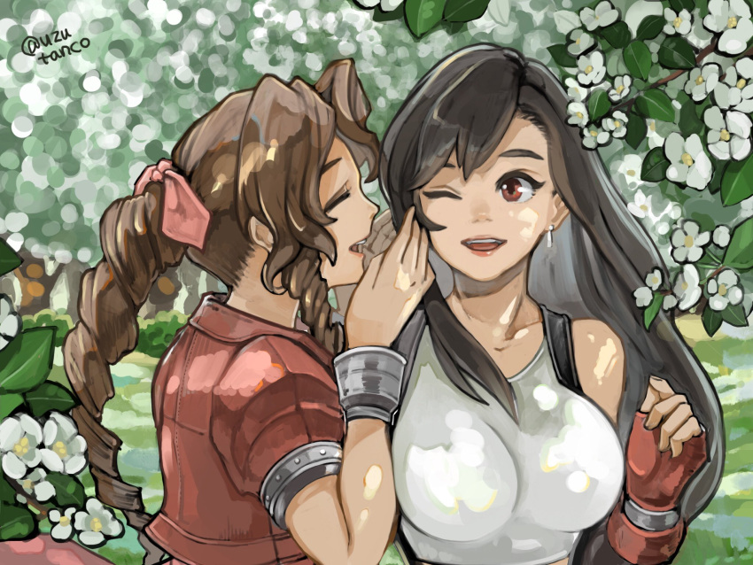 Safebooru - aerith gainsborough bangle bare shoulders black gloves black hair bracelet braid ...