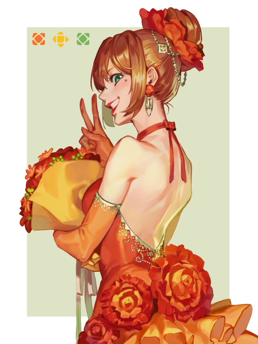 Safebooru - 1girl aruk backless dress backless outfit bouquet breasts commentary request dress ...