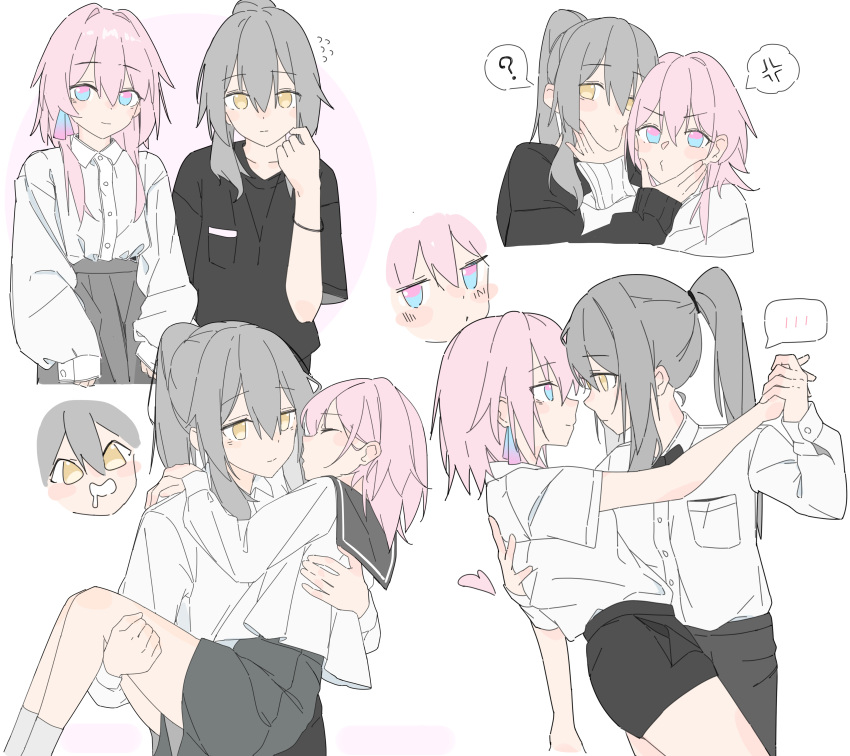Safebooru - 2girls ? absurdres alternate costume alternate hairstyle anger vein black shirt ...