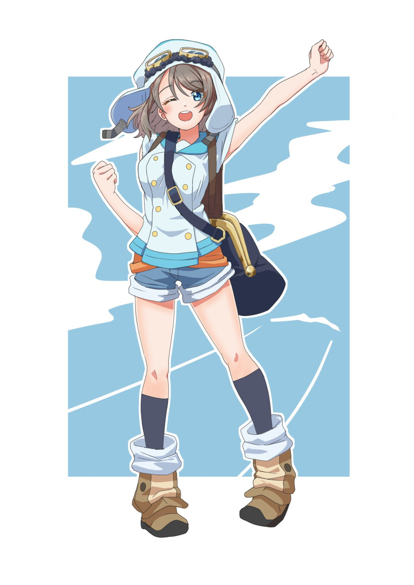 Safebooru - 1girl backpack bag blue eyes boots brown hair clouds goggles hat highres looking at ...