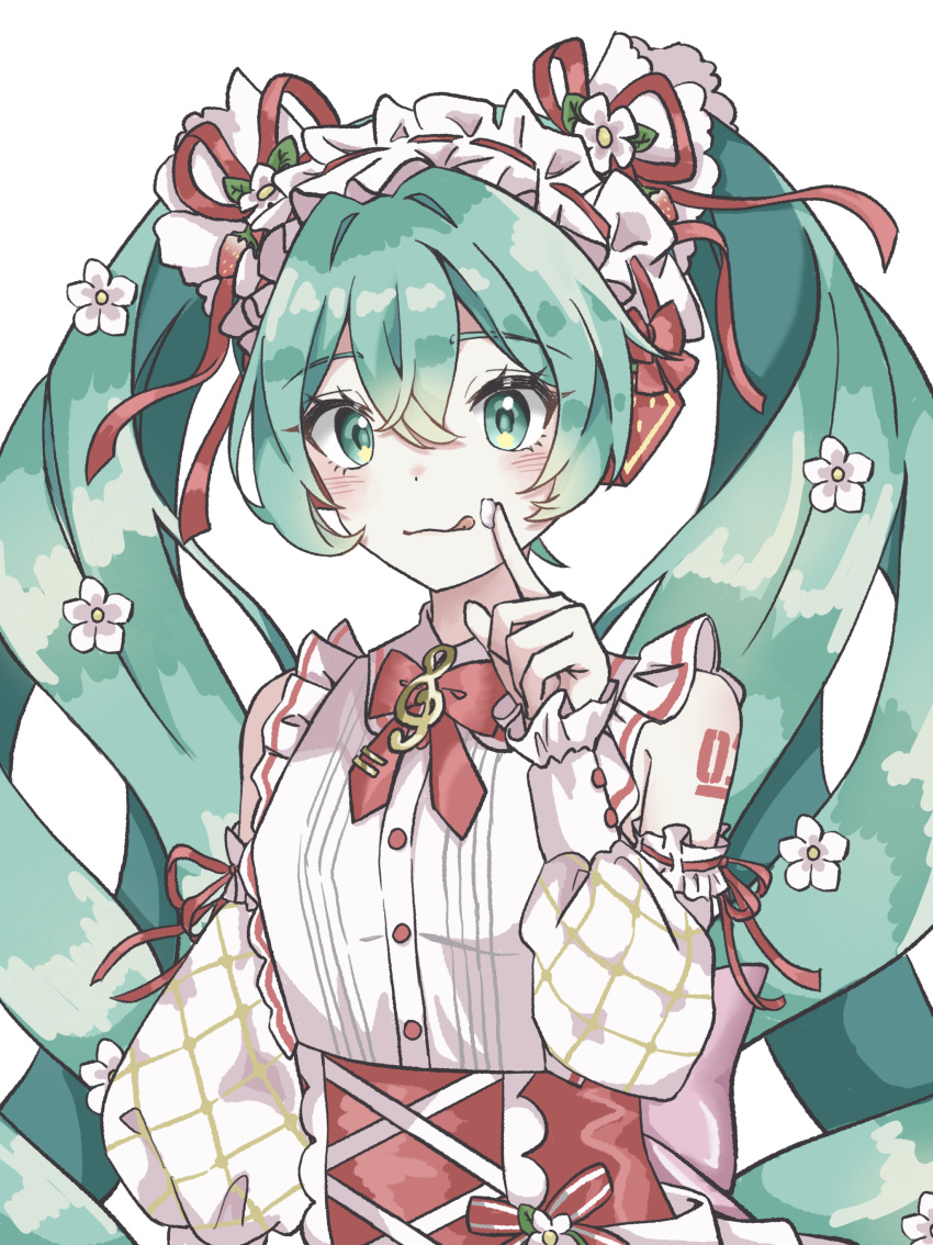 Safebooru - 1girl :q absurdres aqua eyes aqua hair curly hair detached sleeves flower food on ...
